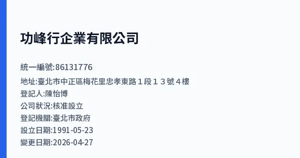 功峰行企業有限公司的照片-統編 86131776(臺北市) 公司登記資料與營業項目詳細圖表