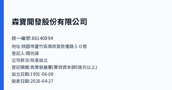 森寶開發股份有限公司的照片-統編 86140894(桃園市) 公司登記資料與營業項目詳細圖表