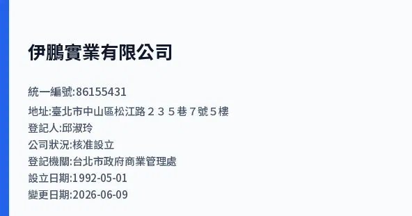 伊鵬實業有限公司的照片-統編 86155431(臺北市) 公司登記資料與營業項目詳細圖表