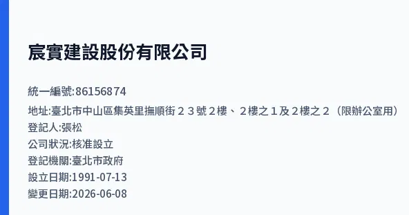 宸實建設股份有限公司的照片-統編 86156874(臺北市) 公司登記資料與營業項目詳細圖表