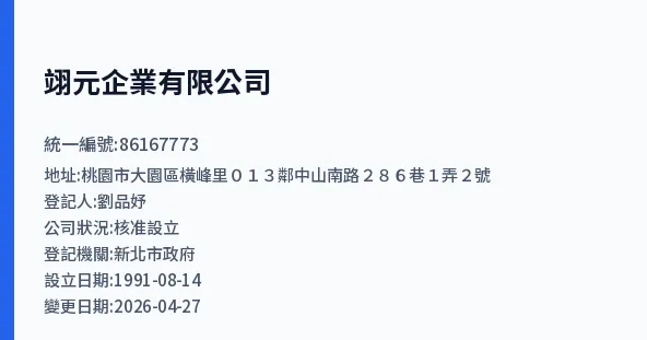 翊元企業有限公司的照片-統編 86167773(桃園市) 公司登記資料與營業項目詳細圖表