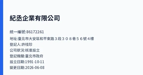 紀丞企業有限公司的照片-統編 86172261(臺北市) 公司登記資料與營業項目詳細圖表