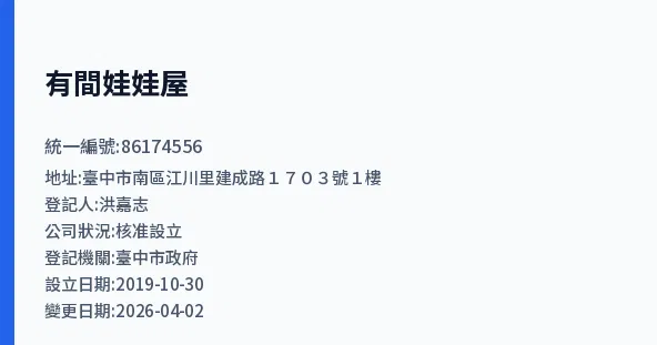 有間娃娃屋的照片-統編 86174556(臺中市) 公司登記資料與營業項目詳細圖表