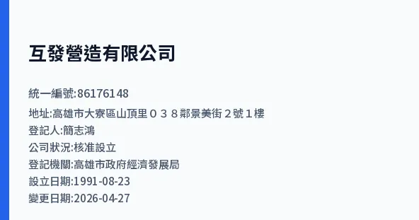 互發營造有限公司的照片-統編 86176148(高雄市) 公司登記資料與營業項目詳細圖表