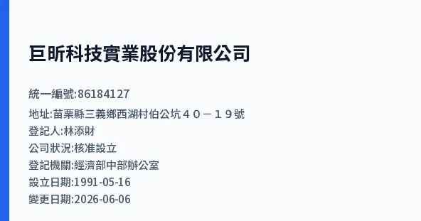 巨昕科技實業股份有限公司的照片-統編 86184127(苗栗縣) 公司登記資料與營業項目詳細圖表