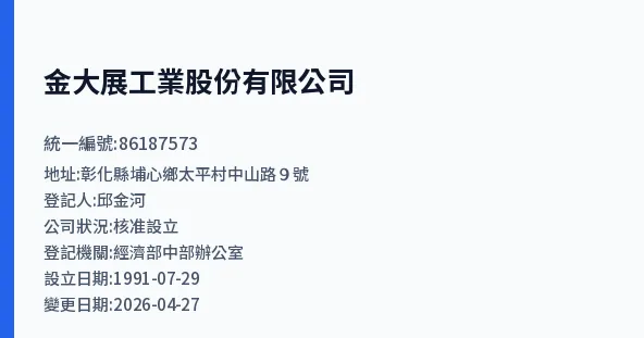金大展工業股份有限公司的照片-統編 86187573(彰化縣) 公司登記資料與營業項目詳細圖表