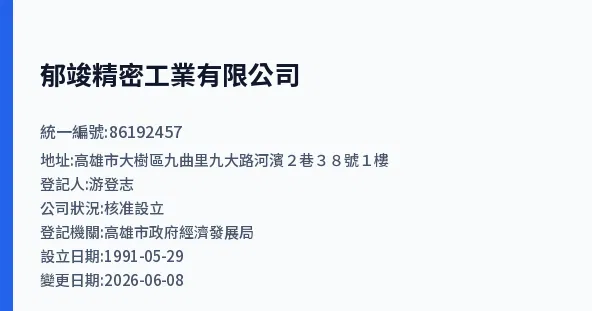 郁竣精密工業有限公司的照片-統編 86192457(高雄市) 公司登記資料與營業項目詳細圖表