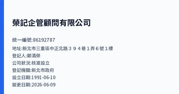 榮記企管顧問有限公司的照片-統編 86192787(新北市) 公司登記資料與營業項目詳細圖表