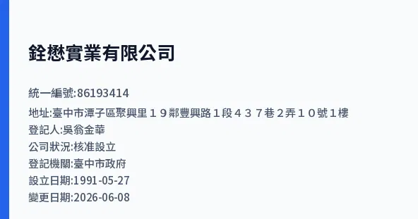 銓懋實業有限公司的照片-統編 86193414(臺中市) 公司登記資料與營業項目詳細圖表