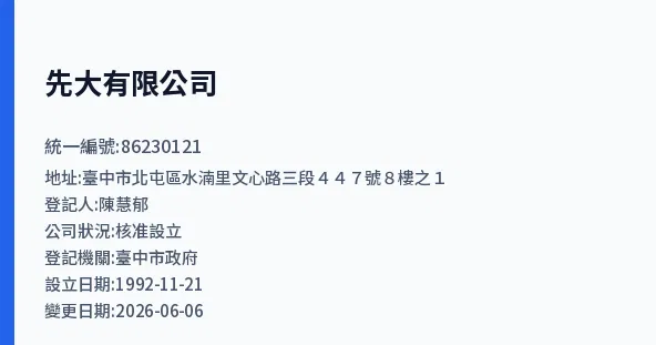 先大有限公司的照片-統編 86230121(臺中市) 公司登記資料與營業項目詳細圖表