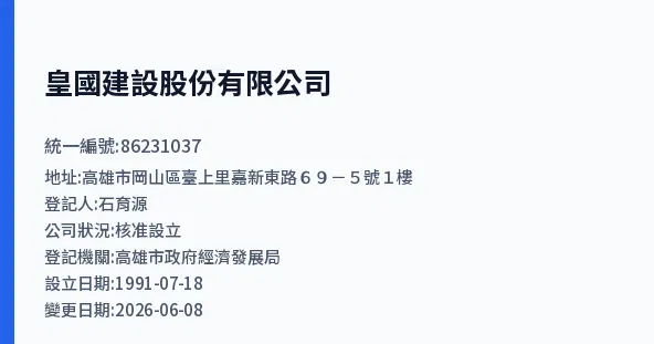 皇國建設股份有限公司的照片-統編 86231037(高雄市) 公司登記資料與營業項目詳細圖表