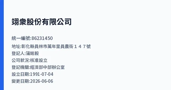 翊衆股份有限公司的照片-統編 86231450(彰化縣) 公司登記資料與營業項目詳細圖表