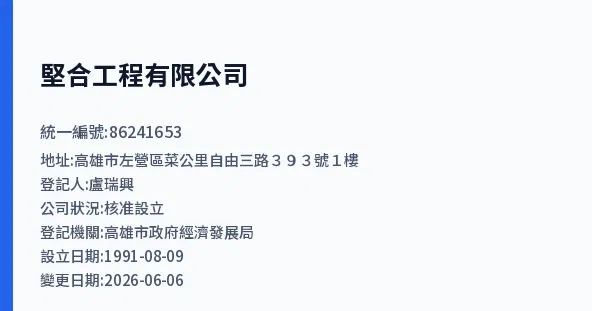 堅合工程有限公司的照片-統編 86241653(高雄市) 公司登記資料與營業項目詳細圖表