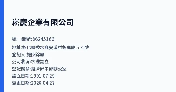 崧慶企業有限公司的照片-統編 86245166(彰化縣) 公司登記資料與營業項目詳細圖表