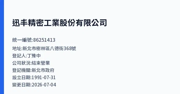 迅丰精密工業股份有限公司的照片-統編 86251413(新北市) 公司登記資料與營業項目詳細圖表