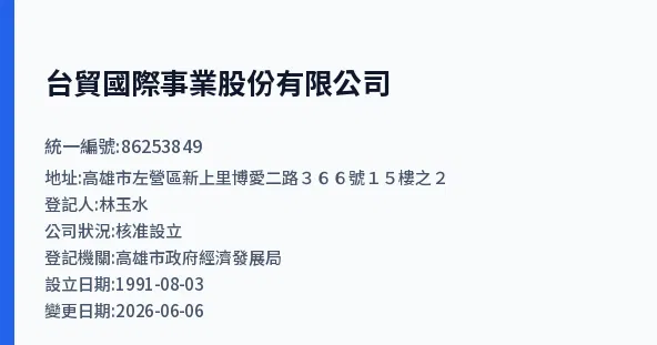 台貿國際事業股份有限公司的照片-統編 86253849(高雄市) 公司登記資料與營業項目詳細圖表