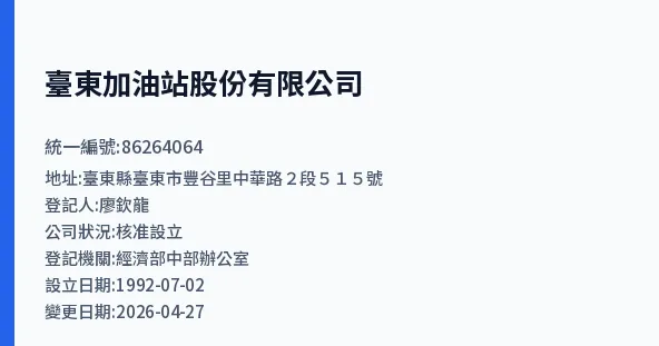 臺東加油站股份有限公司的照片-統編 86264064(臺東縣) 公司登記資料與營業項目詳細圖表