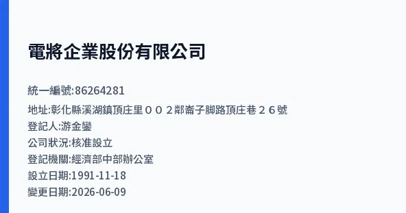 電將企業股份有限公司的照片-統編 86264281(彰化縣) 公司登記資料與營業項目詳細圖表