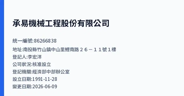 承易機械工程股份有限公司的照片-統編 86266838(南投縣) 公司登記資料與營業項目詳細圖表
