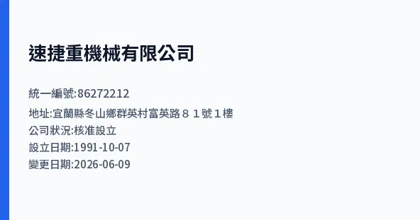 速捷重機械有限公司的照片-統編 86272212 公司登記資料與營業項目詳細圖表