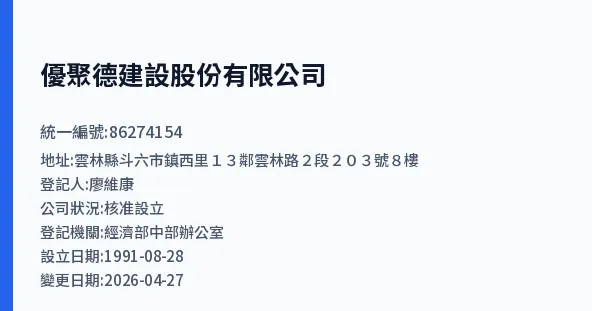 優聚德建設股份有限公司的照片-統編 86274154(雲林縣) 公司登記資料與營業項目詳細圖表