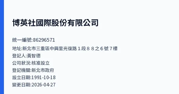 博英社國際股份有限公司的照片-統編 86296571(新北市) 公司登記資料與營業項目詳細圖表