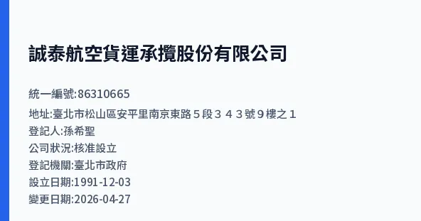 誠泰航空貨運承攬股份有限公司的照片-統編 86310665(臺北市) 公司登記資料與營業項目詳細圖表