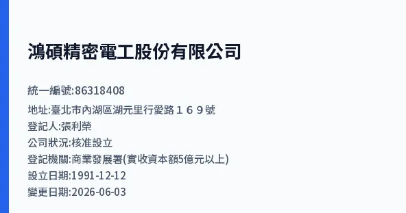 鴻碩精密電工股份有限公司的照片-統編 86318408(臺北市) 公司登記資料與營業項目詳細圖表