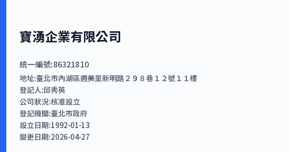 寶湧企業有限公司的照片-統編 86321810(臺北市) 公司登記資料與營業項目詳細圖表