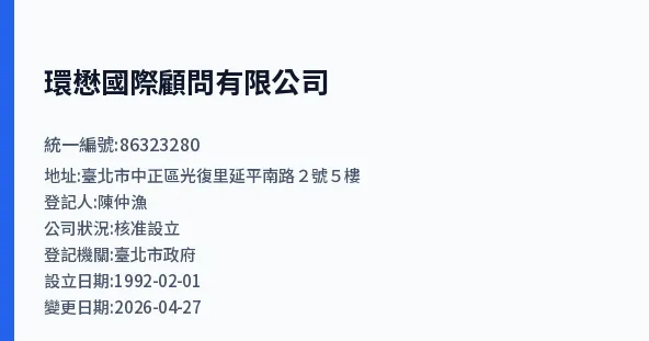 環懋國際顧問有限公司的照片-統編 86323280(臺北市) 公司登記資料與營業項目詳細圖表