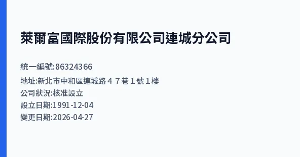 萊爾富國際股份有限公司連城分公司的照片-統編 86324366(新北市) 公司登記資料與營業項目詳細圖表