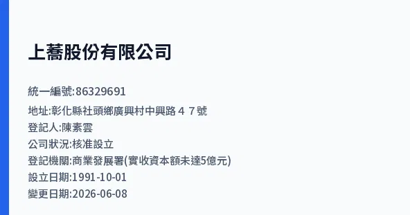 上蕎股份有限公司的照片-統編 86329691(彰化縣) 公司登記資料與營業項目詳細圖表