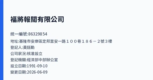 福將報關有限公司的照片-統編 86329854(基隆市) 公司登記資料與營業項目詳細圖表