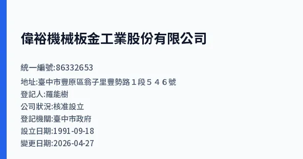 偉裕機械板金工業股份有限公司的照片-統編 86332653(臺中市) 公司登記資料與營業項目詳細圖表