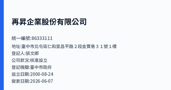再昇企業股份有限公司的照片-統編 86333111(臺中市) 公司登記資料與營業項目詳細圖表