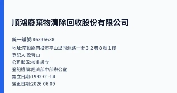 順鴻廢棄物清除回收股份有限公司的照片-統編 86336638(南投縣) 公司登記資料與營業項目詳細圖表