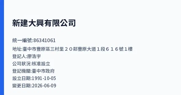 新建大興有限公司的照片-統編 86341061(臺中市) 公司登記資料與營業項目詳細圖表