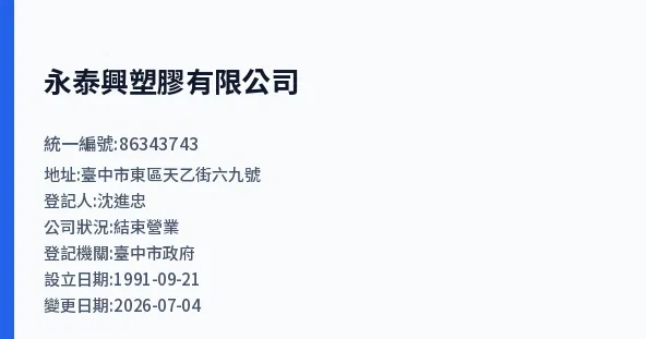 永泰興塑膠有限公司的照片-統編 86343743(臺中市) 公司登記資料與營業項目詳細圖表