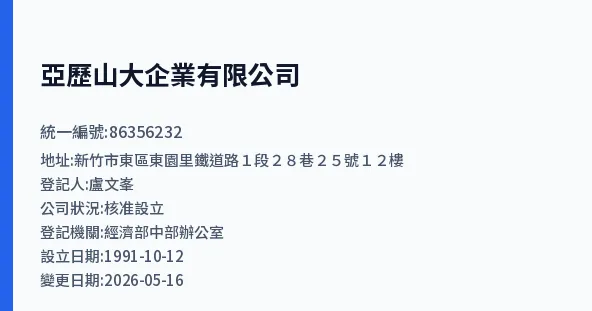 亞歷山大企業有限公司的照片-統編 86356232(新竹市) 公司登記資料與營業項目詳細圖表