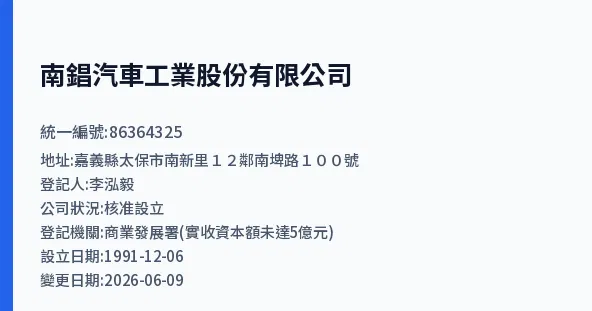 南錩汽車工業股份有限公司的照片-統編 86364325(嘉義縣) 公司登記資料與營業項目詳細圖表