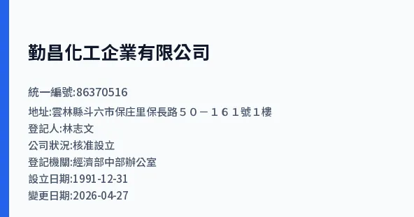 勤昌化工企業有限公司的照片-統編 86370516(雲林縣) 公司登記資料與營業項目詳細圖表