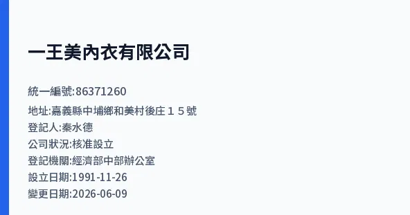 一王美內衣有限公司的照片-統編 86371260(嘉義縣) 公司登記資料與營業項目詳細圖表
