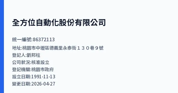 全方位自動化股份有限公司的照片-統編 86372113(桃園市) 公司登記資料與營業項目詳細圖表