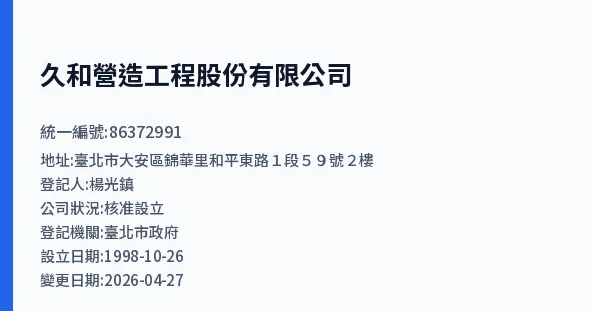久和營造工程股份有限公司的照片-統編 86372991(臺北市) 公司登記資料與營業項目詳細圖表