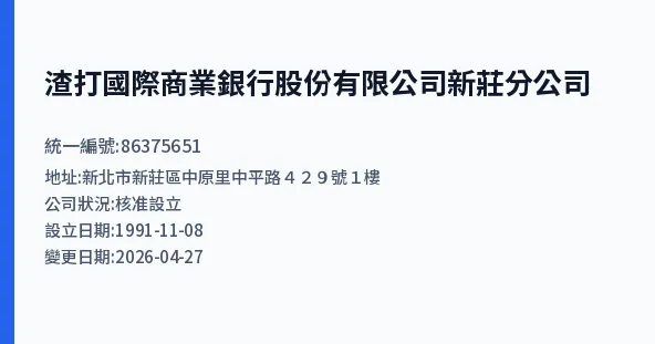 渣打國際商業銀行股份有限公司新莊分公司的照片-統編 86375651(新北市) 公司登記資料與營業項目詳細圖表