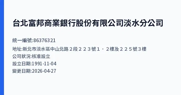 台北富邦商業銀行股份有限公司淡水分公司的照片-統編 86376321(新北市) 公司登記資料與營業項目詳細圖表