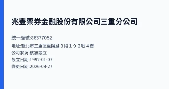 兆豐票券金融股份有限公司三重分公司的照片-統編 86377052(新北市) 公司登記資料與營業項目詳細圖表