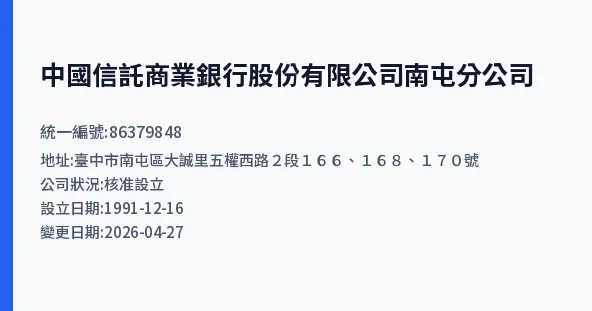 中國信託商業銀行股份有限公司南屯分公司的照片-統編 86379848(臺中市) 公司登記資料與營業項目詳細圖表