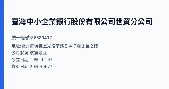 臺灣中小企業銀行股份有限公司世貿分公司的照片-統編 86380417(臺北市) 公司登記資料與營業項目詳細圖表