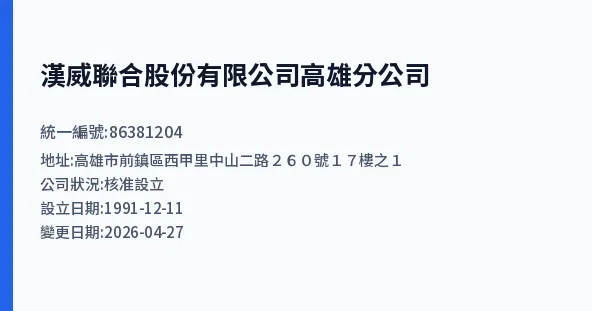 漢威聯合股份有限公司高雄分公司的照片-統編 86381204(高雄市) 公司登記資料與營業項目詳細圖表